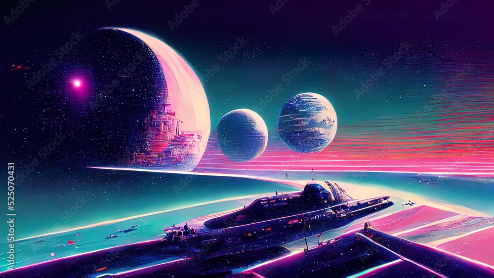 Giant spaceship flying trough space. Vaporwave style. Digital painting ...