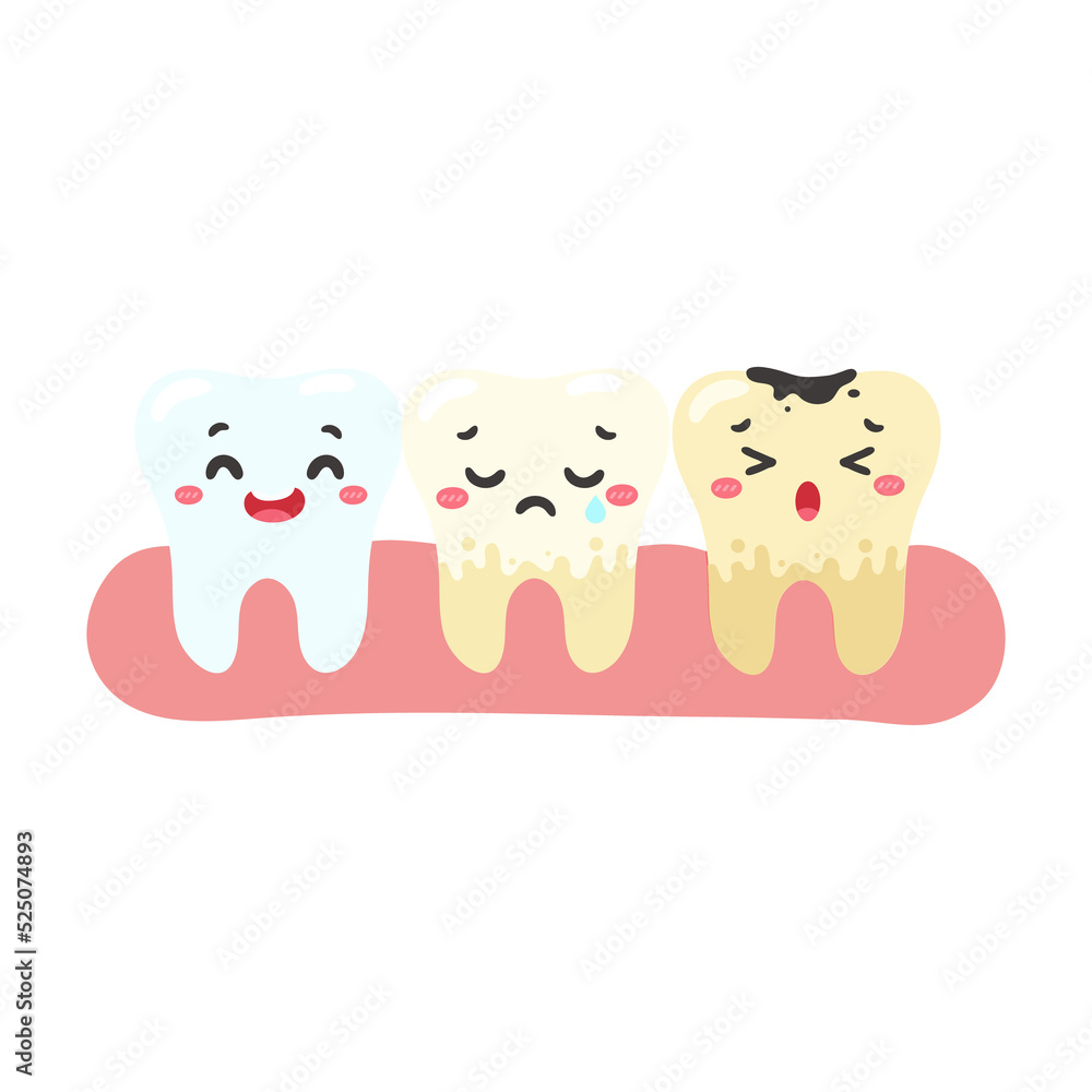 Cartoon teeth and gums inside the mouth are happy with the problem of ...