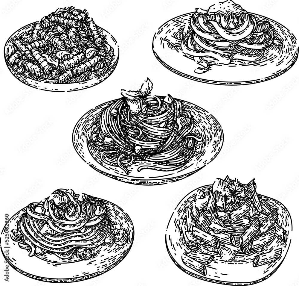 pasta italian food set hand drawn vector. dish sauce, meal plate ...
