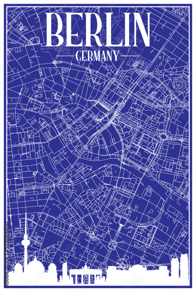 Technical drawing printout city poster with panoramic skyline and hand ...