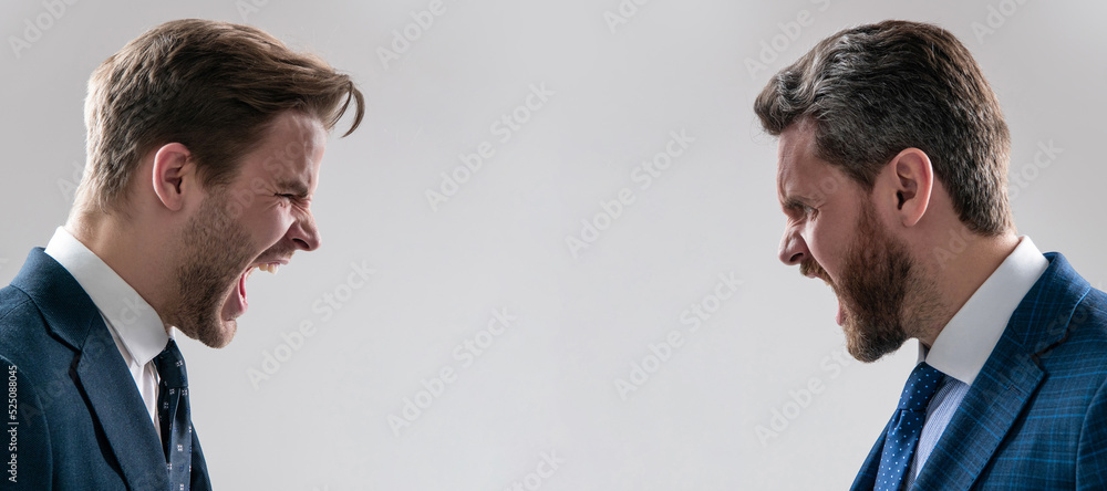 Man face portrait, banner with copy space. arguing businesspeople ...