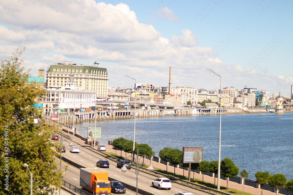 Aerial view of Podol and Dnipro river in the early morning. River port ...