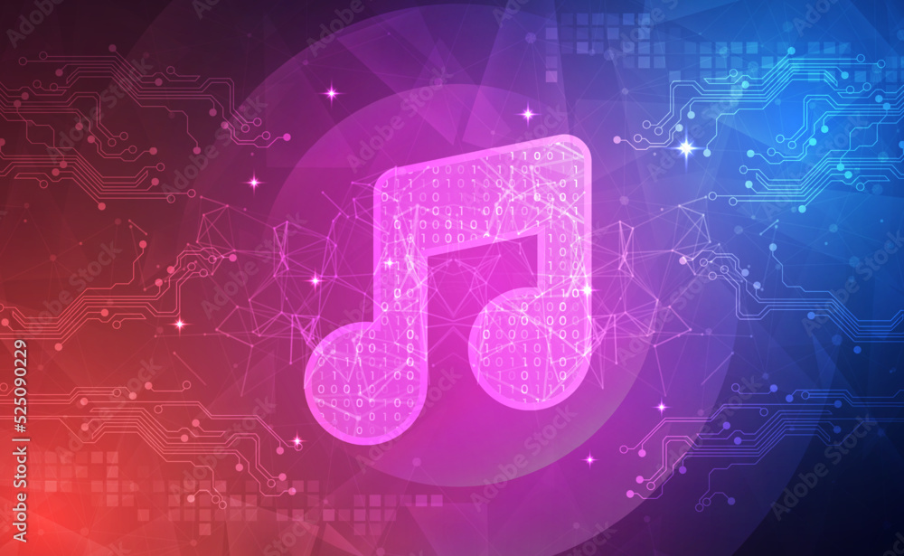Digital technology music note melody song sheet banner blue pink ...