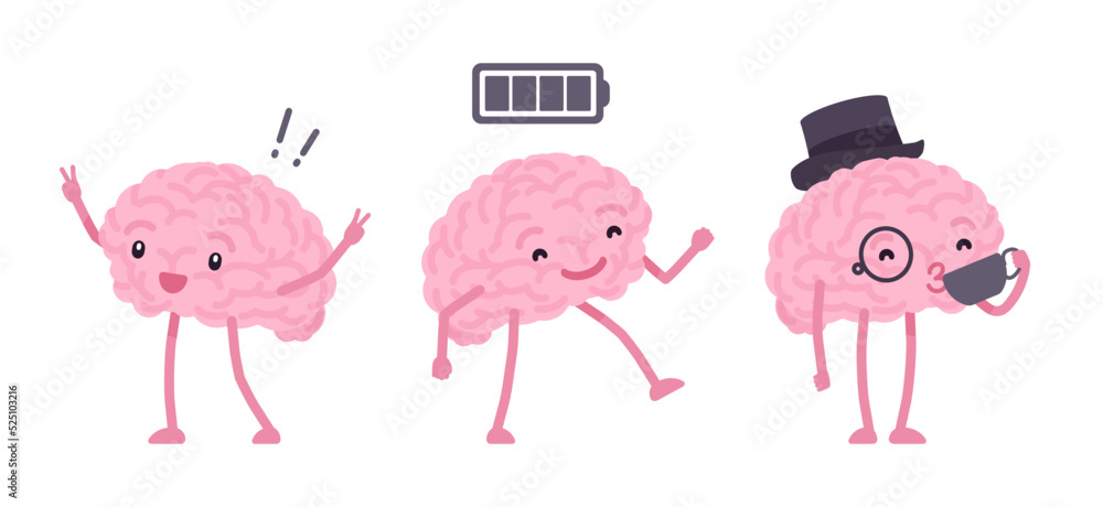Human brain cute character set, battery, coffee, exclamation. Healthy ...