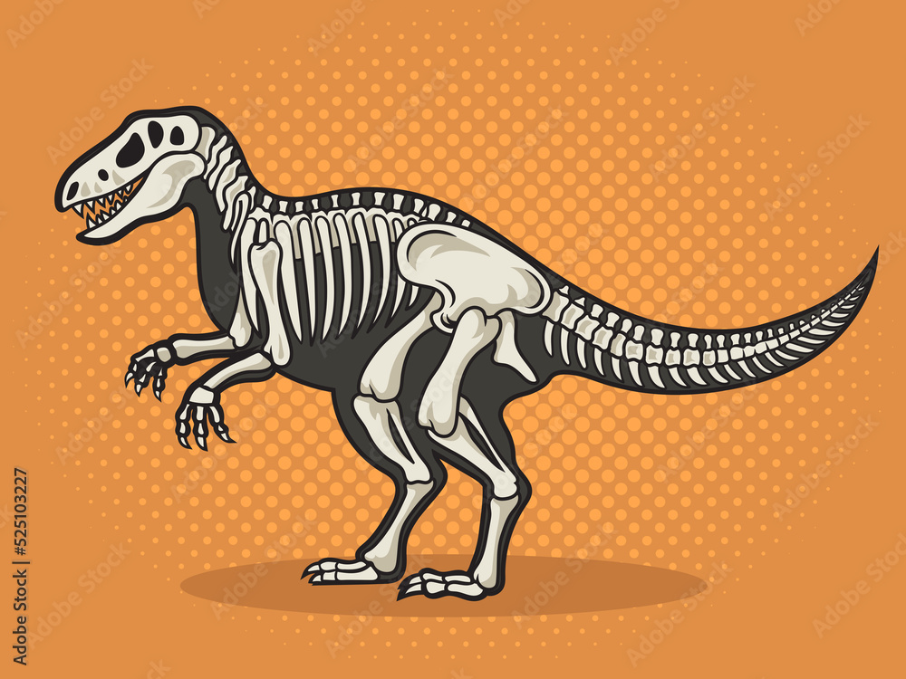dinosaur tyrannosaur skeleton pop art retro raster illustration. Comic ...