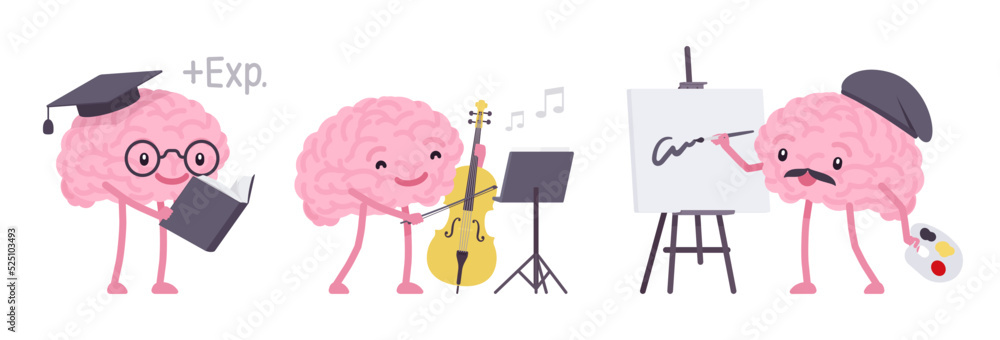Human brain cute character set, art, education grow. Healthy emotional ...