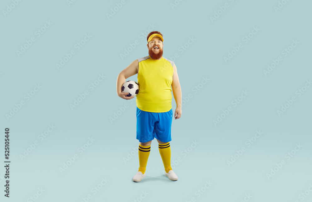 Full body studio shot of funny fat football player. Happy overweight ...