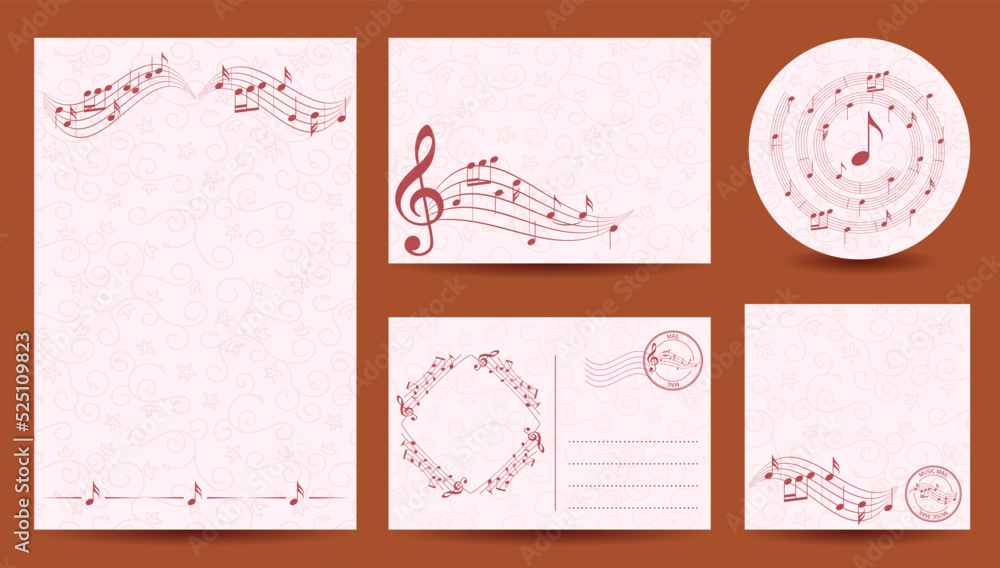 set of templates for music events - brown musical notes on rosy ...