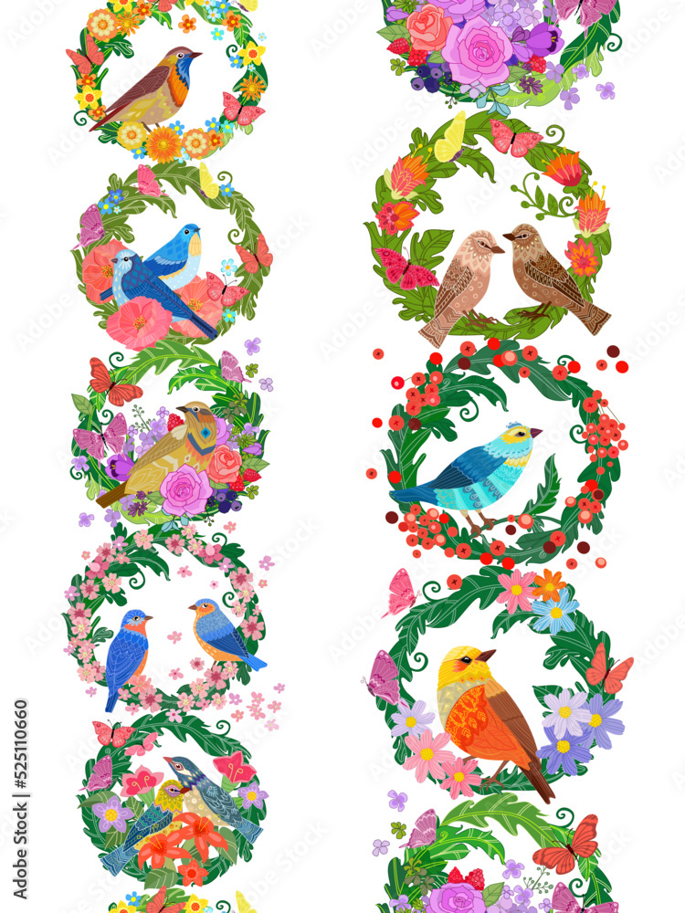 collection of vertical seamless borders with birds in floral wre Stock ...
