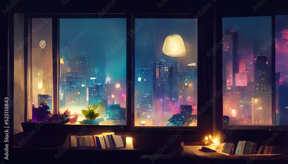 Window view of a city at night. Lofi, anime, manga style. Desk to study ...