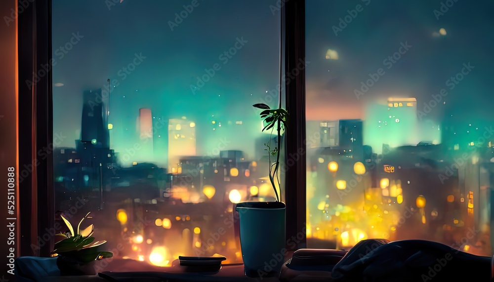 Window view of a city at night. Lofi, anime, manga style. Desk to study ...