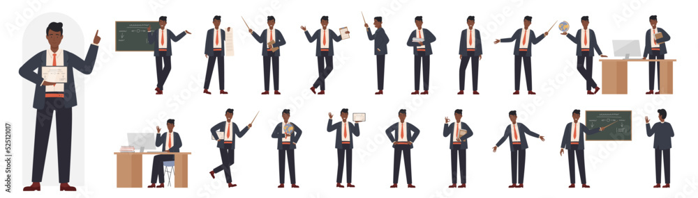 Black african american black young male teacher showing different poses and gestures set vector ...