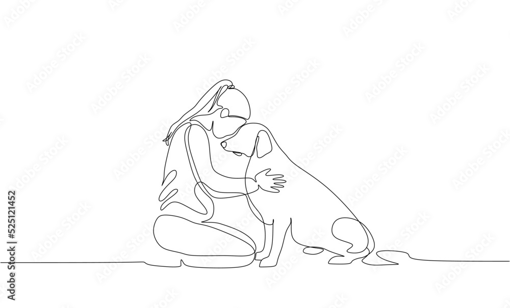 continuous line drawing of happy pet lover with dog vector illustration ...
