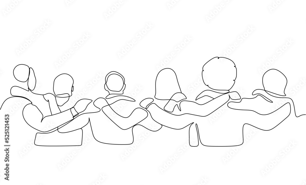 Single continuous line drawing about group of men and woman from multi ...