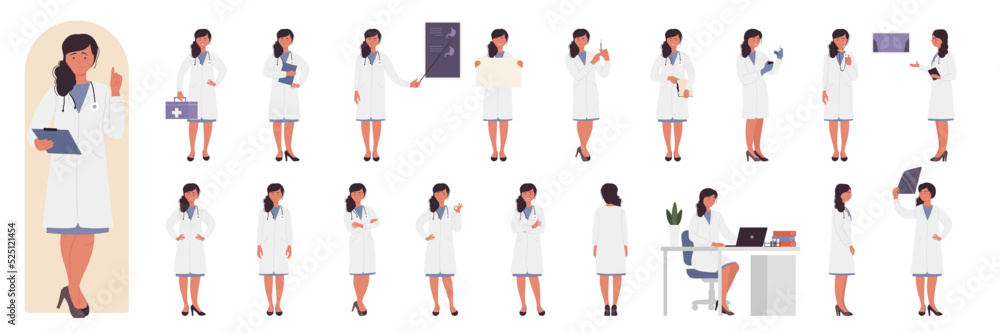 Doctor poses set vector illustration. Cartoon young woman working at ...
