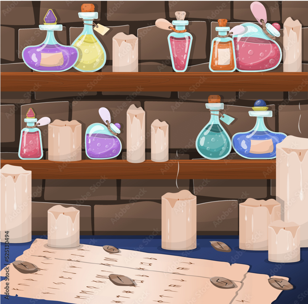 A set of vector magic bottles and flasks. Colorful magic potions ...
