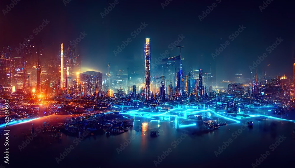 Futuristic infrastructure of a smart night city. Blue neon colors ...