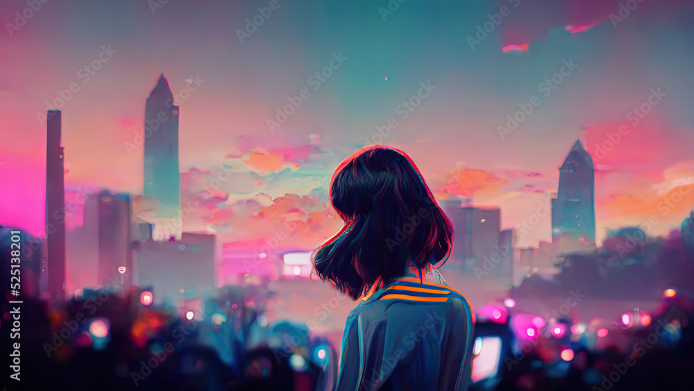 Girl looking in the distance. Colorful scenery. Lofi, chill atmospheric ...