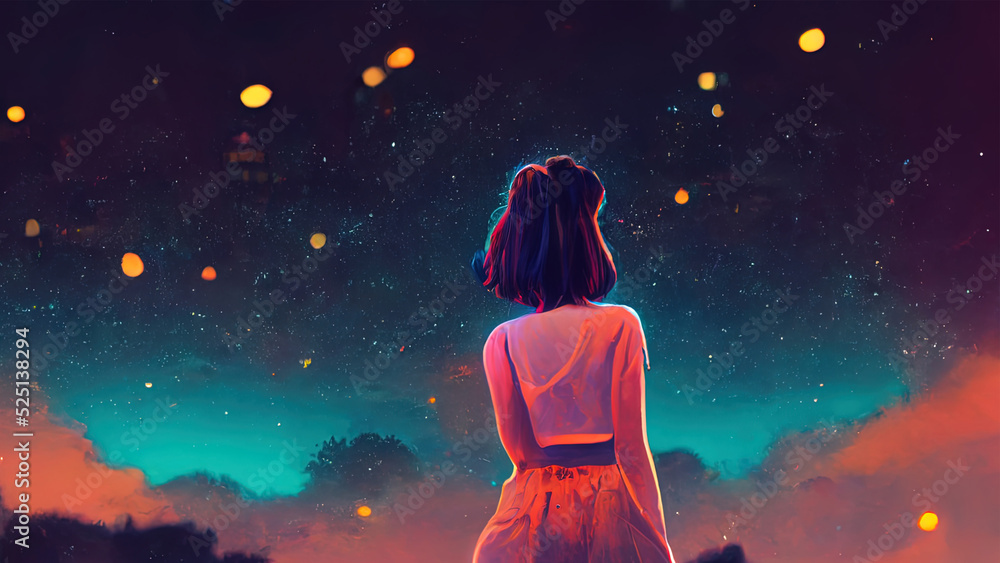 Anime girl stargazing. Cute girl looking at the night sky. Atmospheric ...