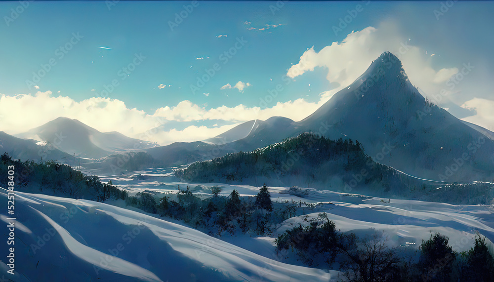 Snowy mountains landscape. Winter, snow covered scenery, digital ...