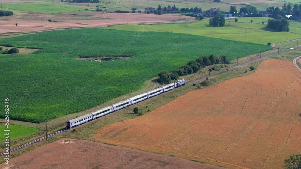 Red Train on Railroad. Passenger Train Aerial View of Public Transport ...