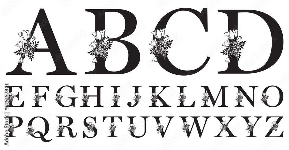 Uppercase alphabet with elegant floral elements. Floral set of letters ...