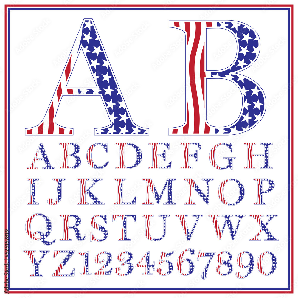 Patriotic alphabet. Monogram letters and numbers with the American flag ...