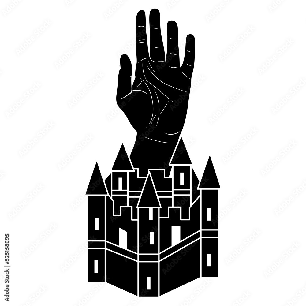 Human hand raised up from medieval castle. Creative concept. Siege and ...