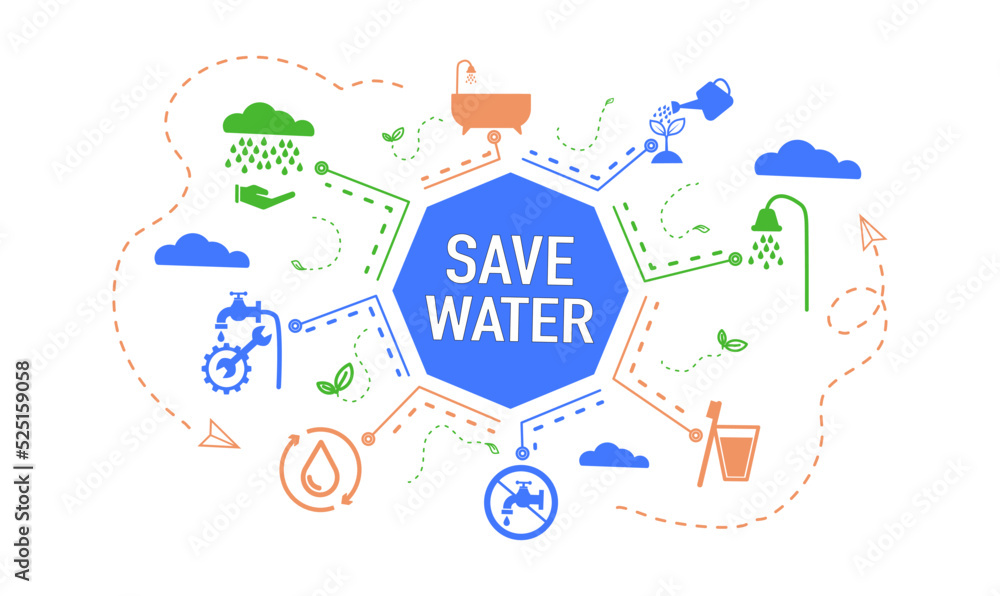 concept of water saving tips icon infographic. Save water, save earth ...