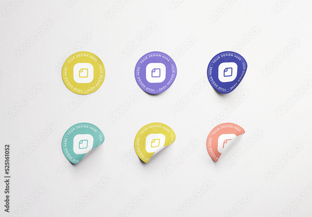Set of Six Round Stickers Mockup Stock Template | Adobe Stock