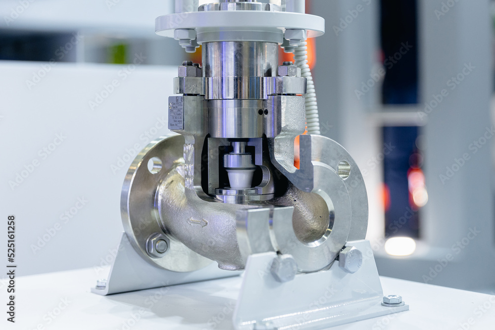 Demonstration of work model cutaway shut-off valve on oil or gas pipe ...