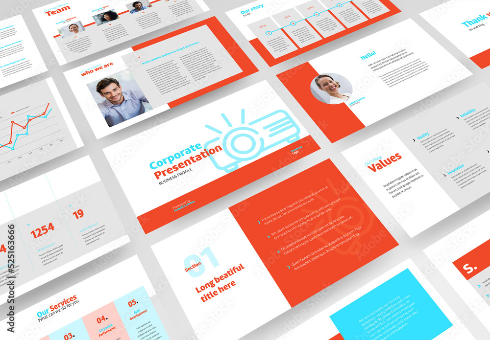 Business Presentation Slide Deck with Red and Cyan Accents Stock ...