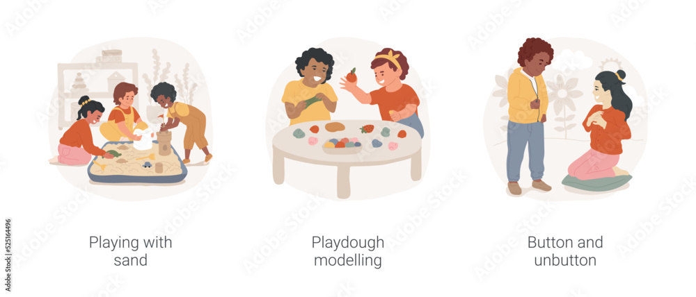 Fine motor skills in childcare isolated cartoon vector illustration set ...