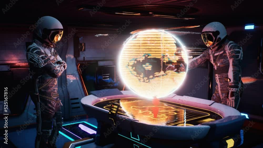 Astronauts choose a flight route in the control room of the spacecraft. The concept of the ...