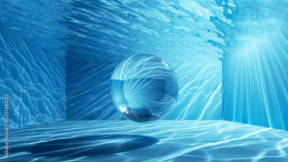 3d rendering, abstract blue background. Clear glass ball placed under ...
