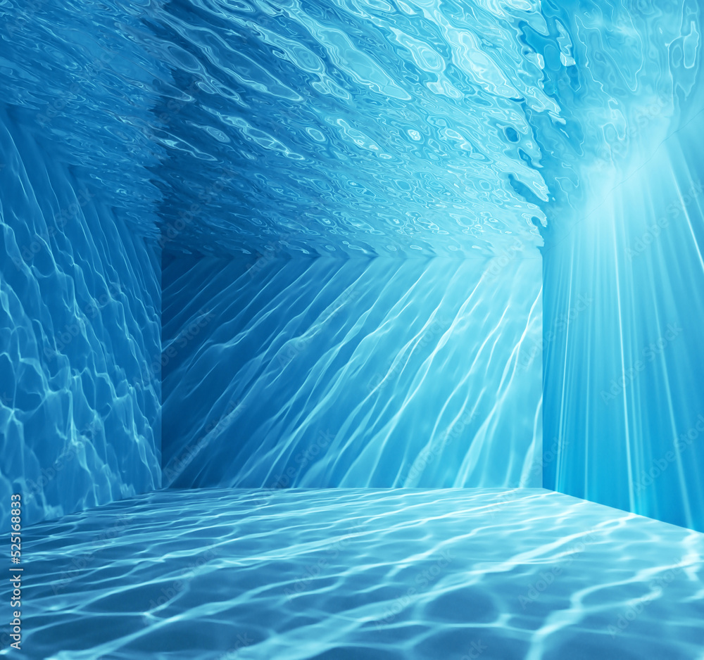 3d rendering, abstract blue background. Clear water inside the swimming ...