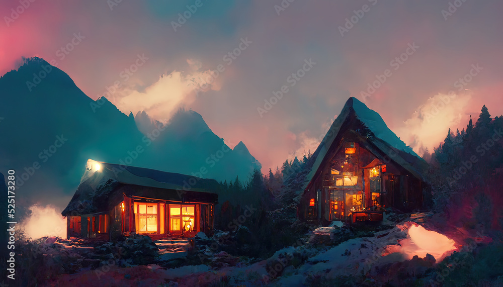 Cozy Lodge, cabin in the moutains during winter. Cold pink sunset with ...