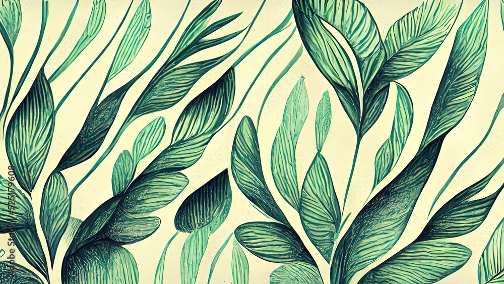 Green plant and leafs pattern. Pencil, hand drawn natural illustration ...