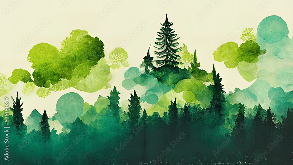 Pencil drawn forest. Healthy green illustration with watercolor. Shades ...