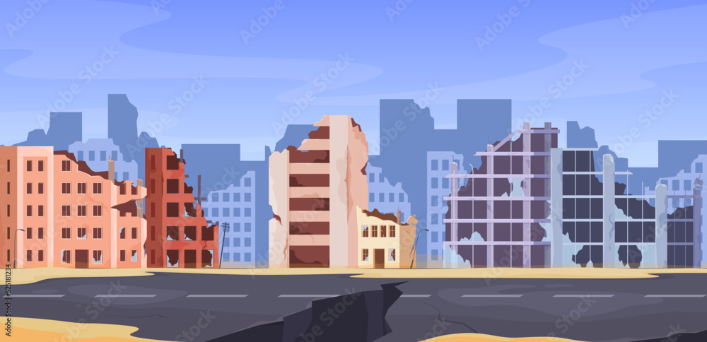 Abandoned city. Destroyed buildings, collapsed walls and broken windows ...