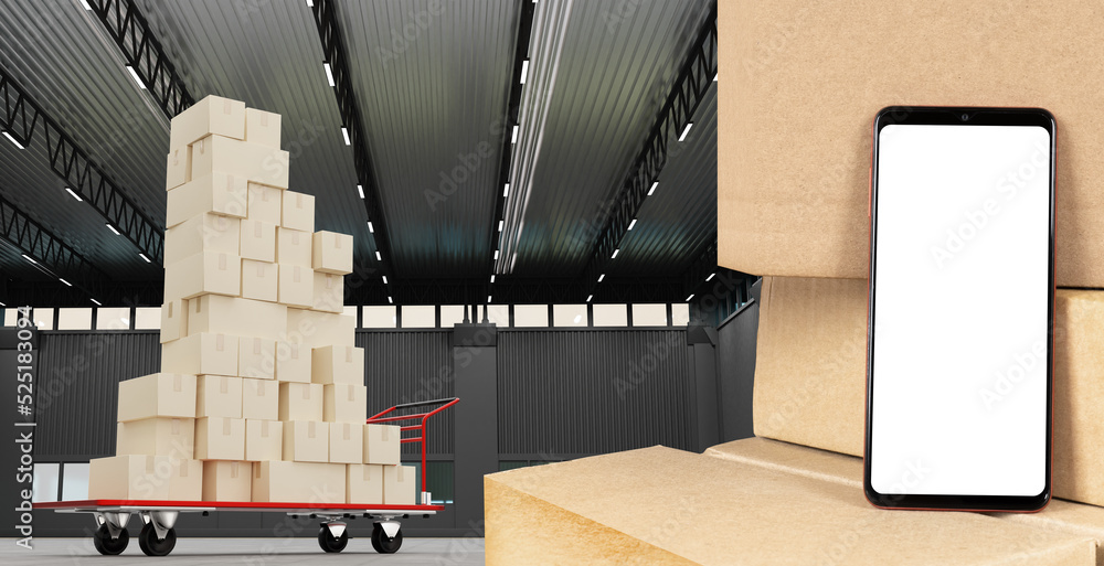Warehouse offer. Phone white screen. Mountain boxes on cart. Warehouse ...