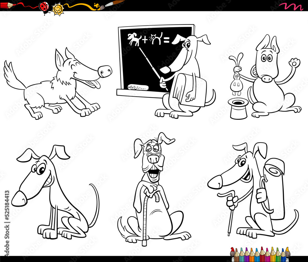 cartoon dogs animal characters set coloring page Stock Vector | Adobe Stock