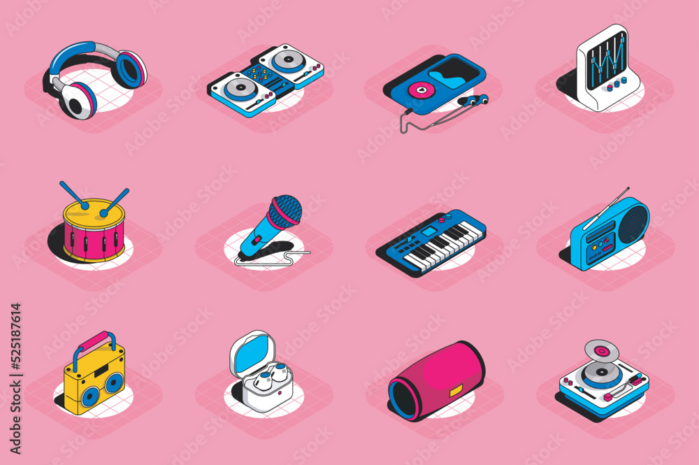 Music 3d isometric icons set. Pack elements of headphones, equalizer ...