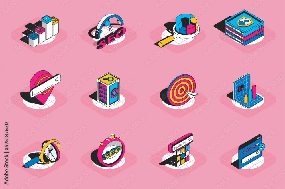 Seo optimization 3d isometric icons set. Pack elements of traffic, rating, network, target ...