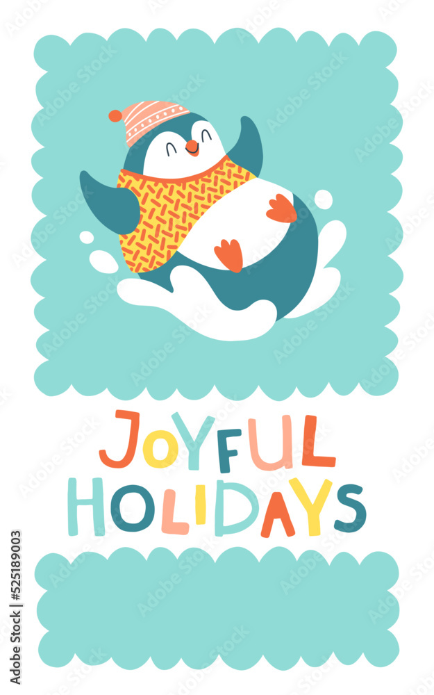 Christmas card with a merry penguin rolling down from a snowy mountain ...