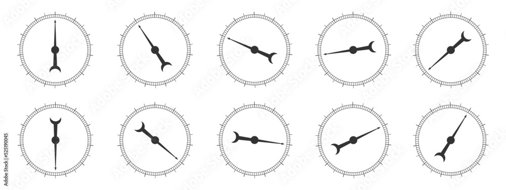 Set of round measuring scales with rotating arrows. Collection of 360 ...