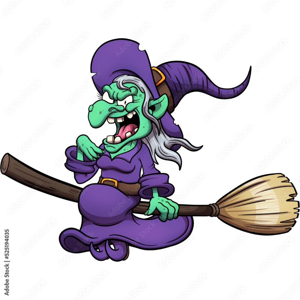 Crazy laughing witch on broom. Vector clip art illustration with simple ...