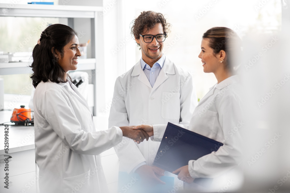 science, work and people concept - international group of happy ...