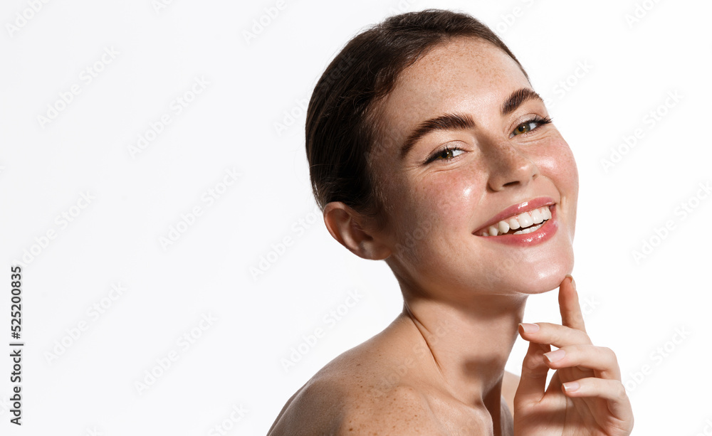 Skin care and women beauty. Girl with glowing healthy skin, touching ...