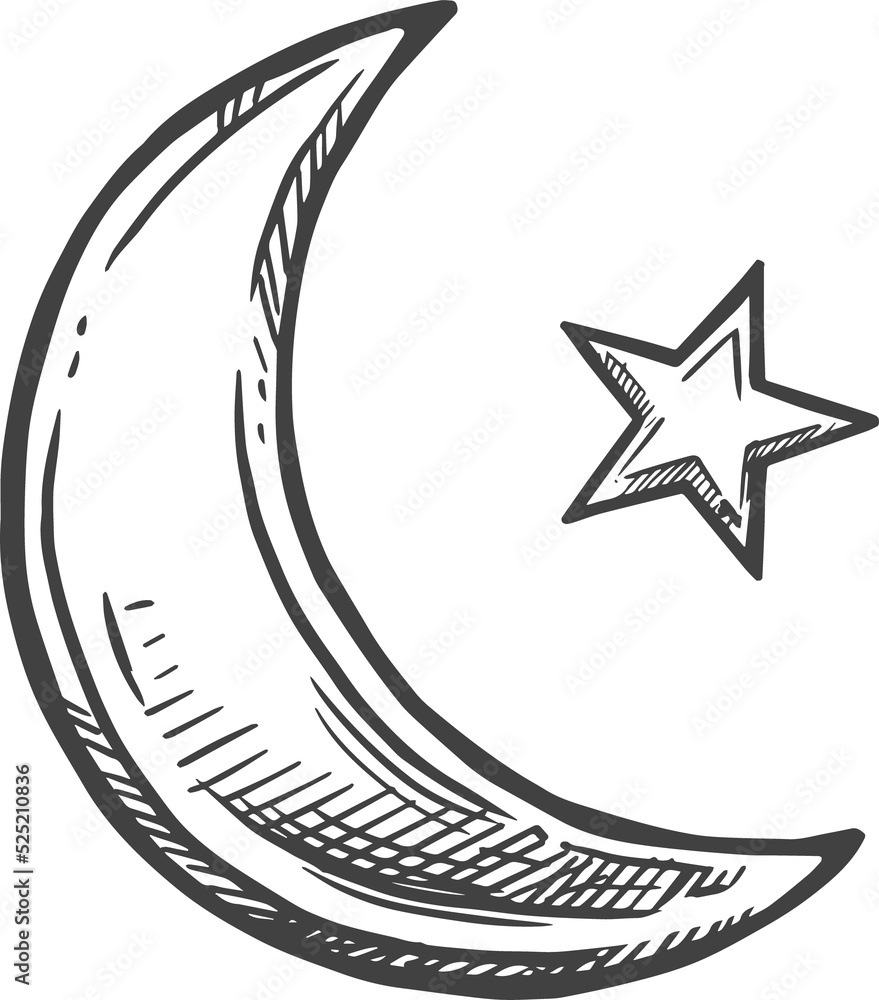 Crescent Moon and star isolated Hilal sketch Stock Illustration | Adobe ...